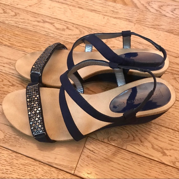 Shoes | Strappy Wedge Sandals With Navy Blue Crystals | Poshmark